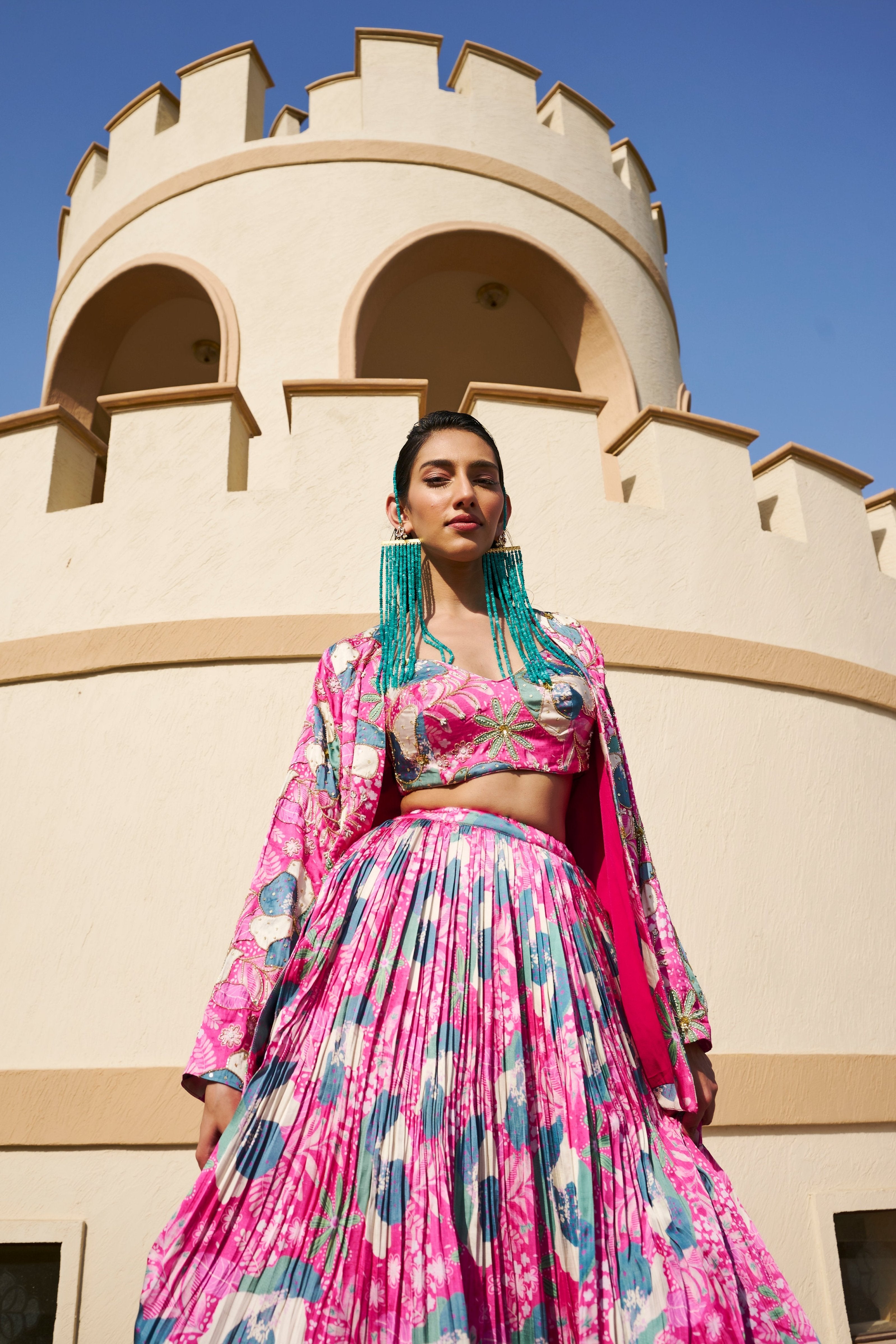 Floral Print Embroidered Jacket & Bralet with Ghaghra - Ease Studio ...