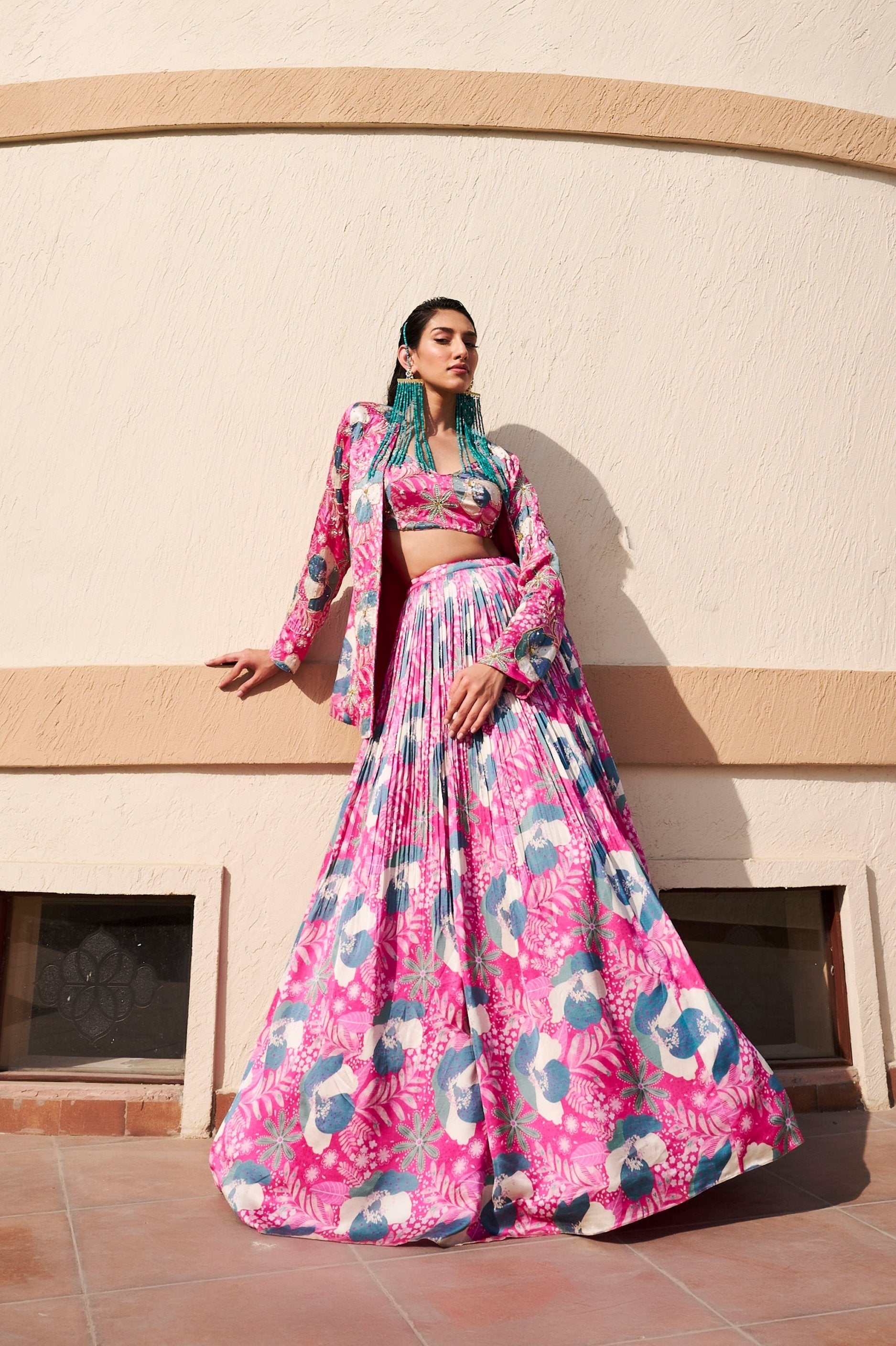 Floral Print Embroidered Jacket & Bralet with Ghaghra - Ease Studio ...